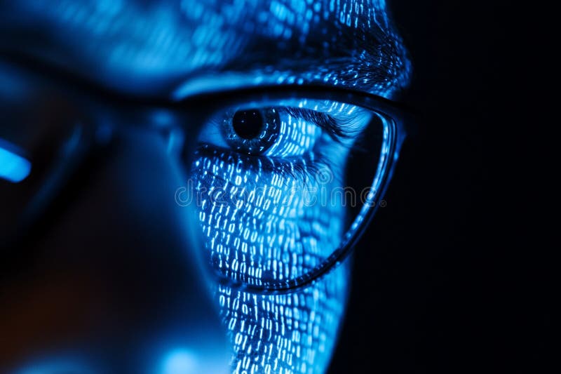 Close-up of an Eye Reflecting Digital Code in a Dark Environment during ...