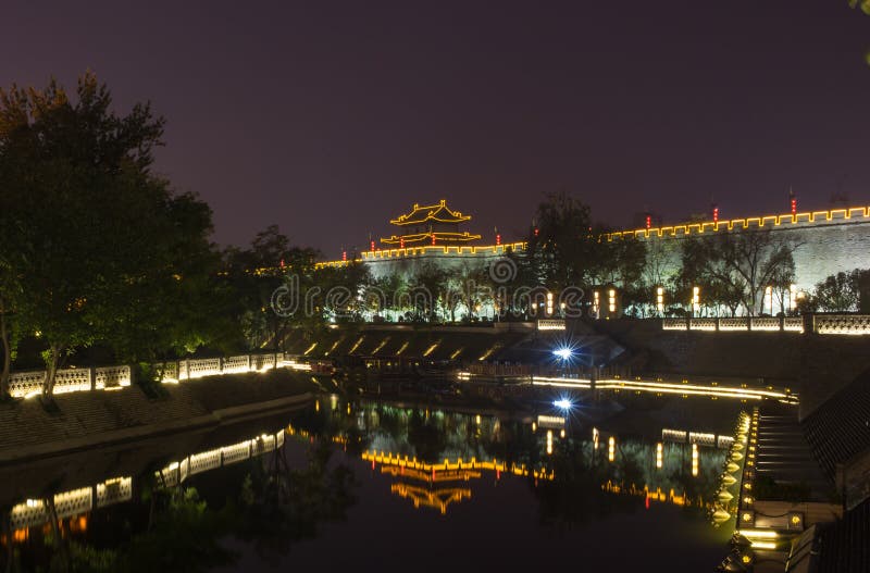 Illuminated Famous Ancient Bell Tower at Night. China, Xian Stock Photo ...