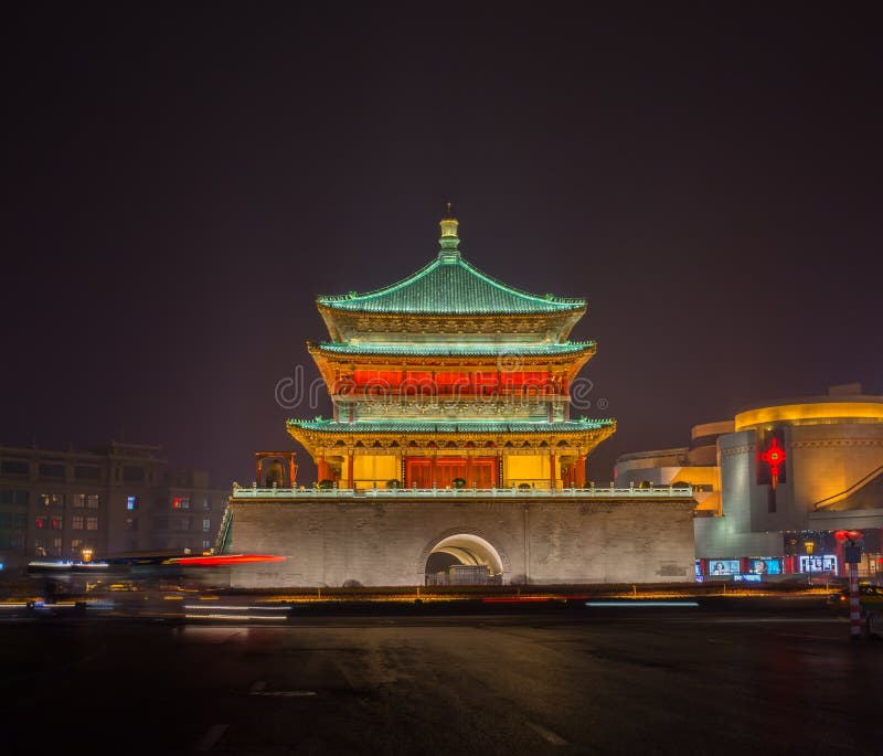 Illuminated Famous Ancient Bell Tower at Night. China, Xian Editorial ...