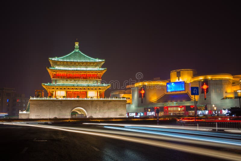 Illuminated Famous Ancient Bell Tower at Night. China, Xian Editorial ...