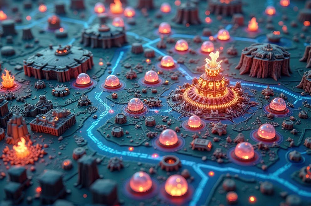 Illuminated Fantasy Map with Glowing Structures and Rivers at Night ...
