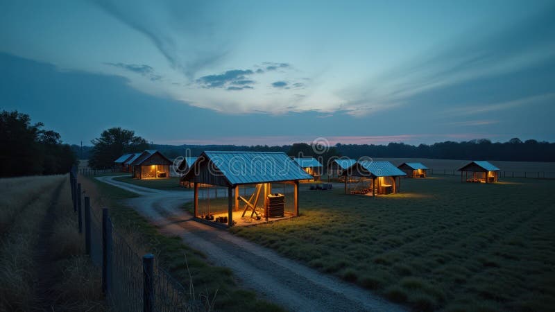 Illuminated Farm Sheds at Dusk in Serene Rural Landscape Stock Photo ...