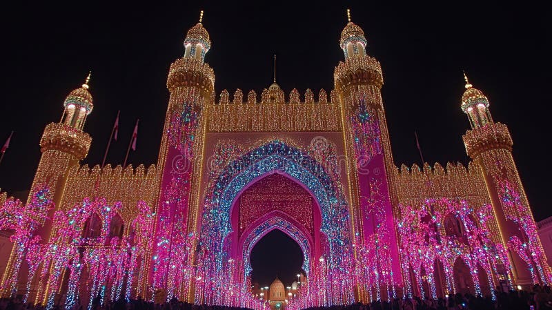 Illuminated Festival Gate, Night, Crowd, Celebration, Tourism Stock ...