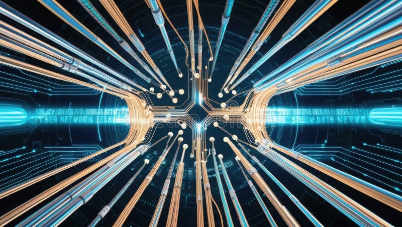 Illuminated Fiber Connections Create Holographic Data Stream in Cyber Network Design, Showcasing ...