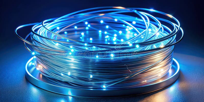 Illuminated Fiber Optic Cable Coil on a Reflective Surface, a Symbol of ...