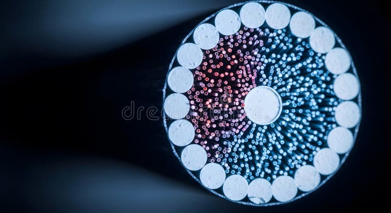 Illuminated Fiber Optic Cable Cross-section Revealing Intricate Blue ...