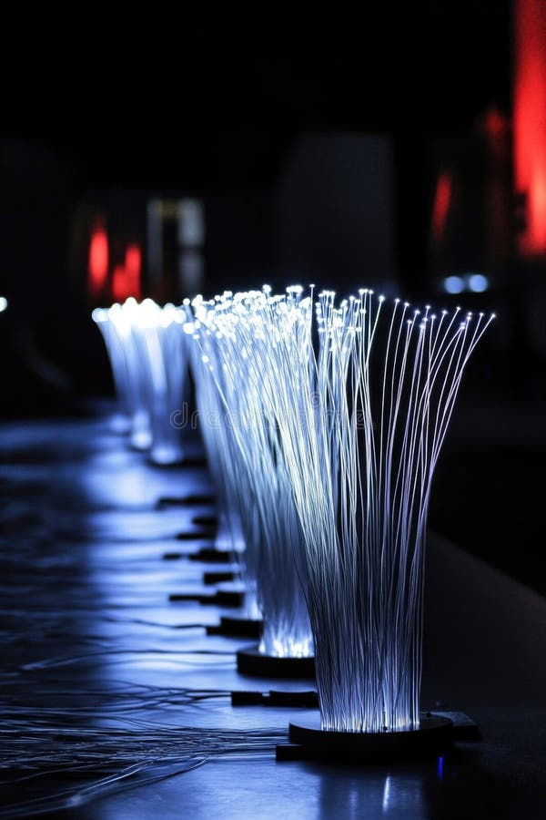 Illuminated Fiber Optic Cables in Dark Room with Red Lights Stock ...