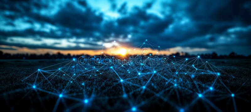 Illuminated Fiber Optic Network Connections on a Field at Sunset ...