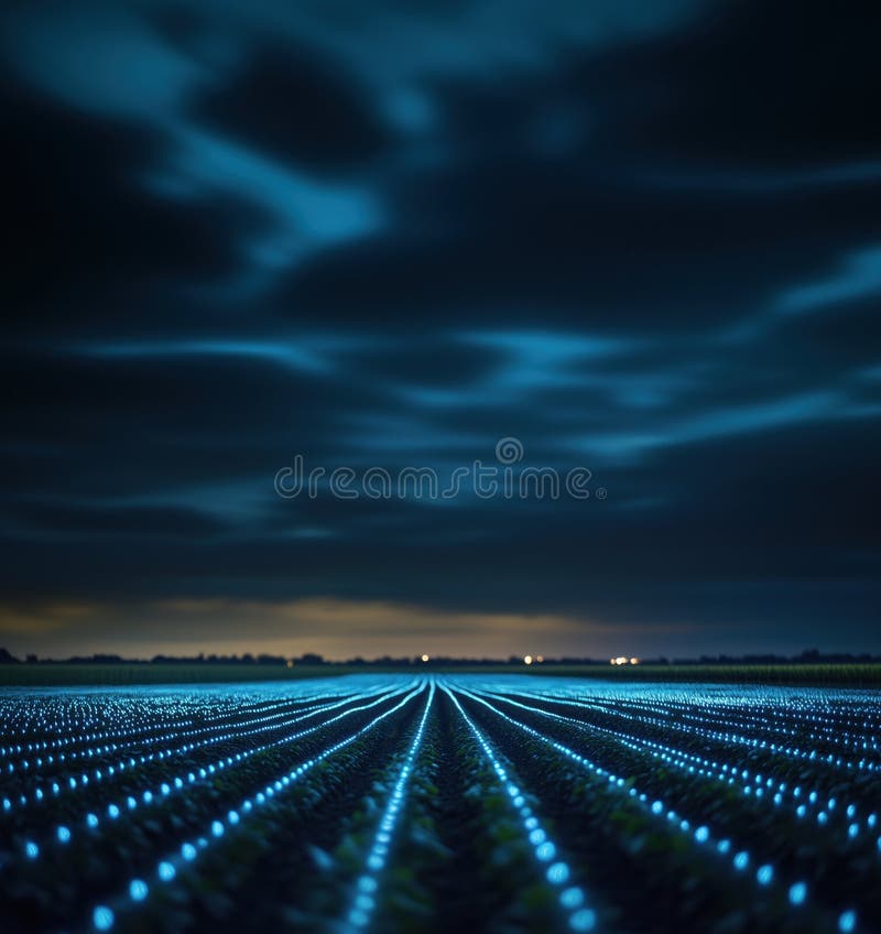 Illuminated Fields at Night, Blue Lights on Crops, Dramatic Sky Stock ...
