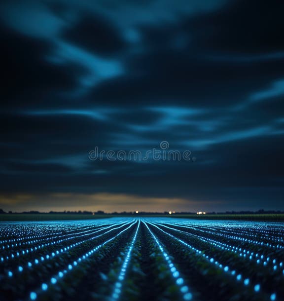 Illuminated Fields at Night, Blue Lights on Crops, Dramatic Sky Stock ...
