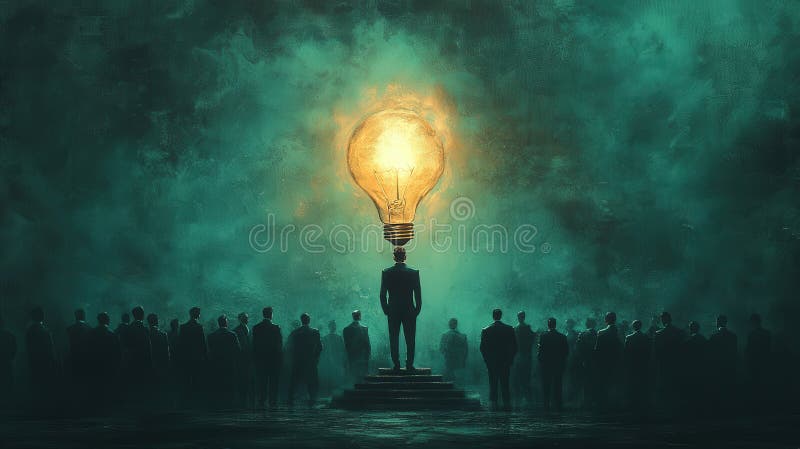 Illuminated Figure with Lightbulb in Dark Crowd Illustration Stock ...