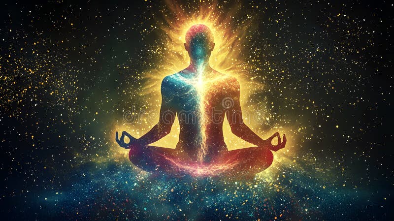 Illuminated Figure Meditating in Cosmic Setting Stock Illustration ...