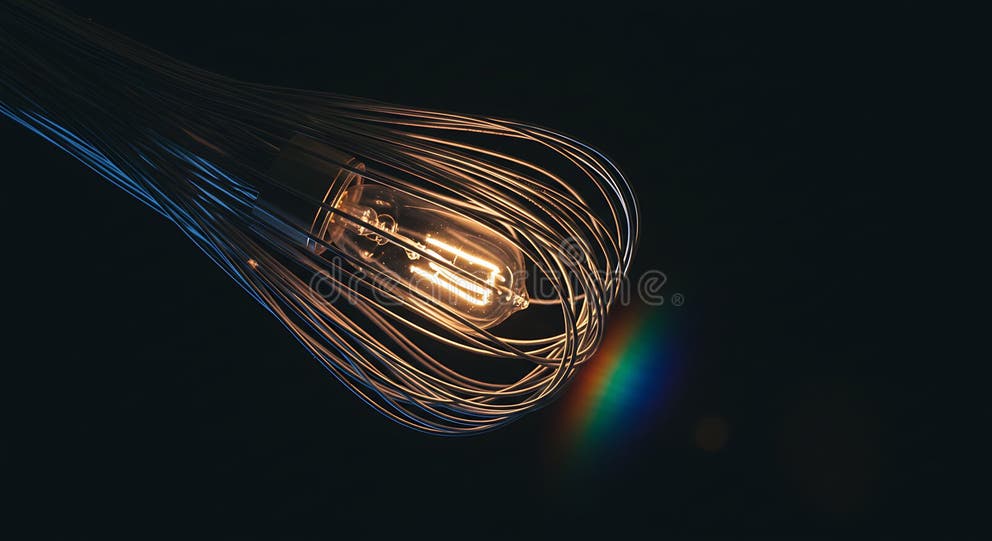 Illuminated Filament Bulb Encased in Wireframe Structure with Rainbow ...