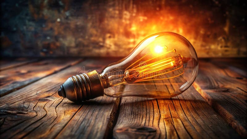 Illuminated Filament Bulb Resting on Rustic Wooden Surface. Generative ...