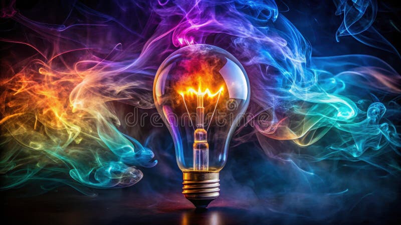 Illuminated Filament a Glowing Lightbulb Amidst Vibrant, Swirling Smoke ...