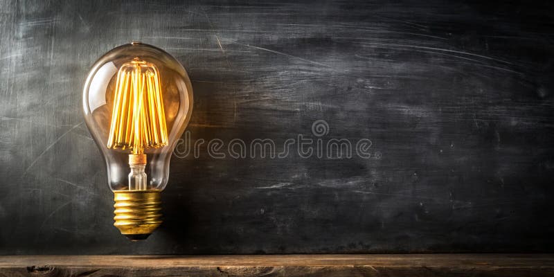 Illuminated Filament Light Bulb Against Dark Chalkboard Background ...