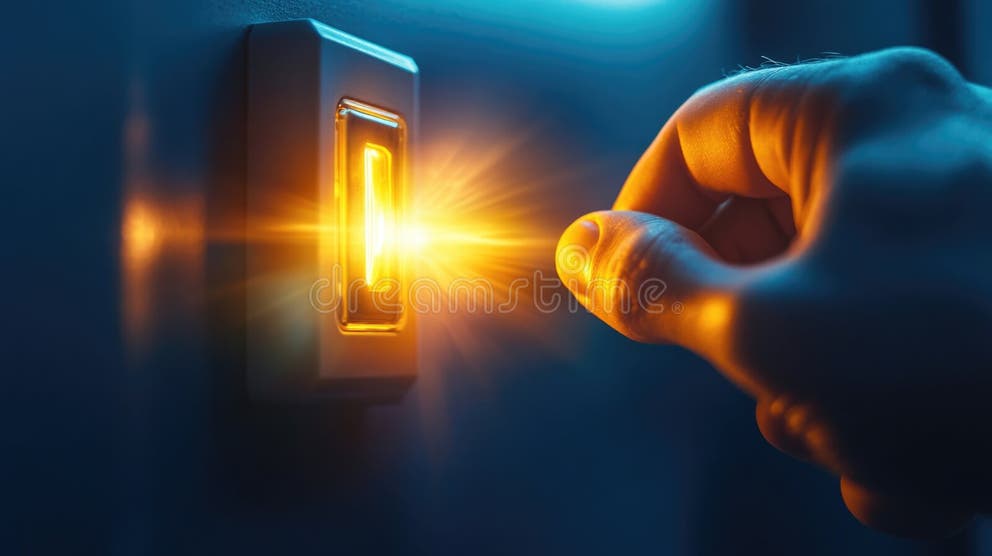 Illuminated Finger Pressing Glowing Light Switch in Dark Room Stock ...