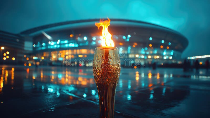 Illuminated Flame Torch with Stadium Background at Night Stock ...