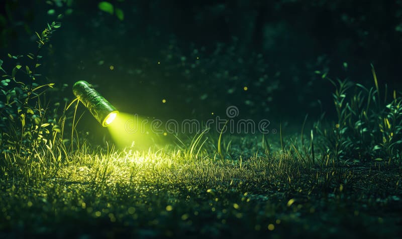 Illuminated Flashlight Casting Green Light on Grass in Dark Forest ...