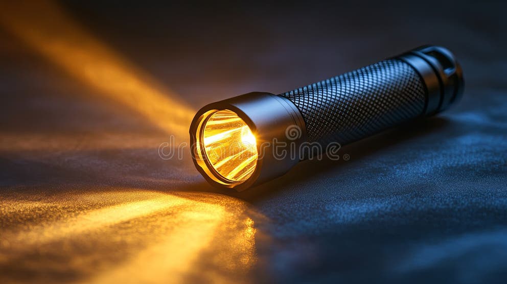 Illuminated Flashlight on Table Casting Light Beam Stock Photo - Image ...