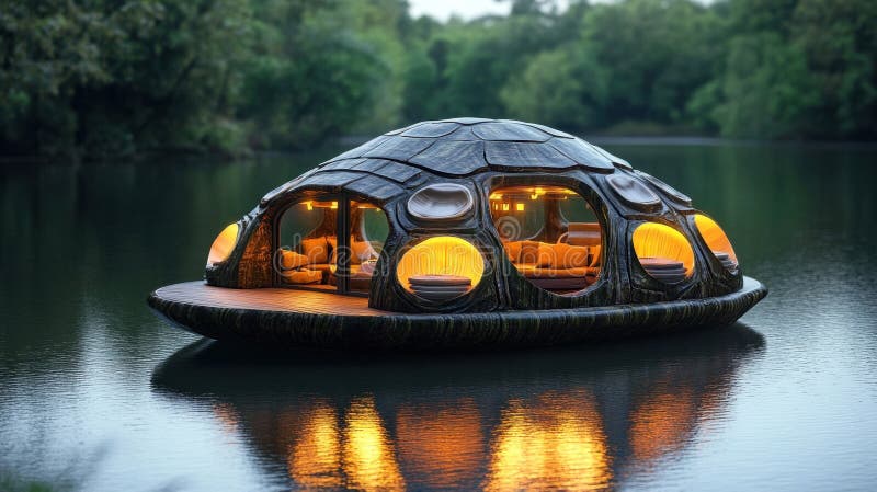Illuminated Floating Dome Structure on Calm Water at Night Stock ...