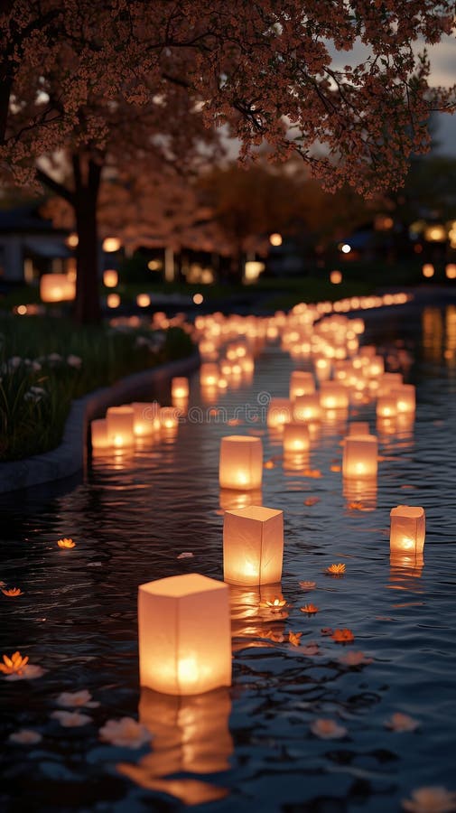 Illuminated Floating Lanterns Serene Night Water Pathway Cherry ...