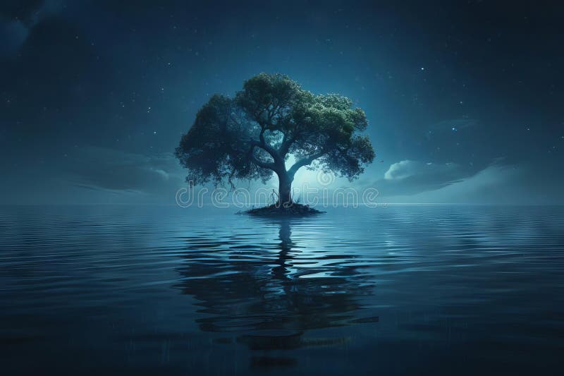 Illuminated Floating Tree Above Water, Mysterious Night Scene, Clean ...