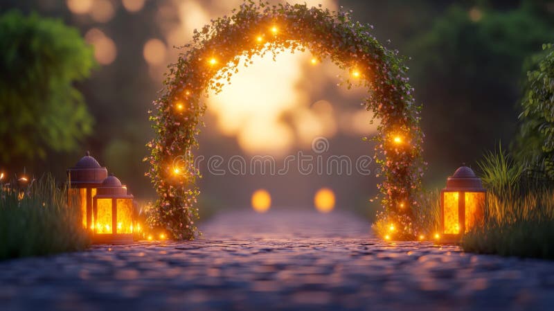 Illuminated Floral Archway Pathway Romantic Sunset Scene Stock ...
