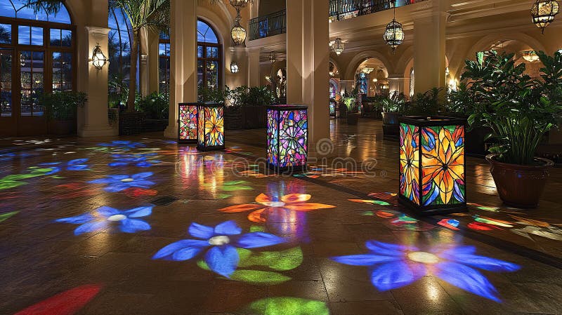 Illuminated Floral Lobby Art Installation, Resort Stock Image - Image ...