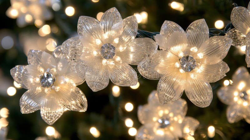 Illuminated Flower Shaped Christmas Lights Adorn Tree Stock ...
