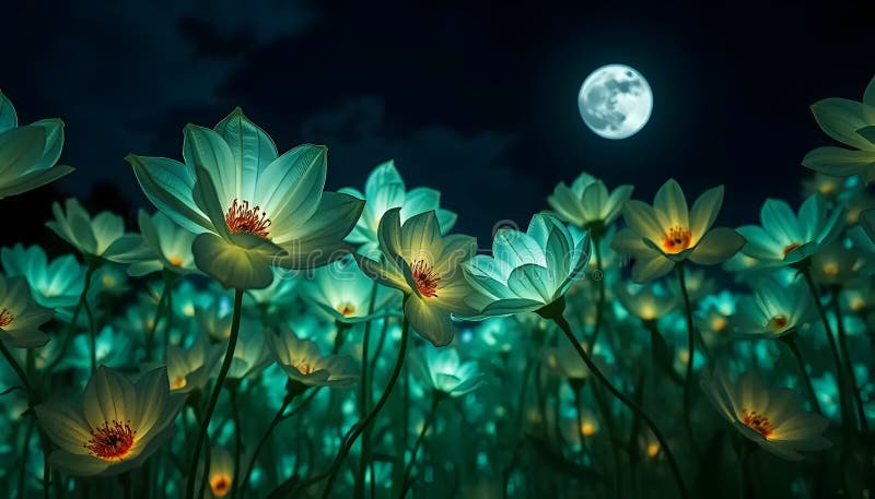 Illuminated Flowers Bloom Beneath the Bright Full Moon at Night Stock ...