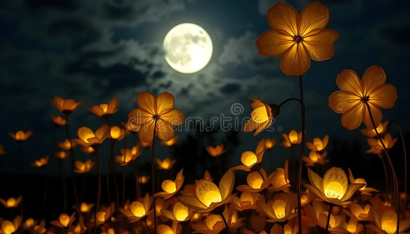 Illuminated Flowers Reflecting Light Under a Bright Full Moon Stock ...