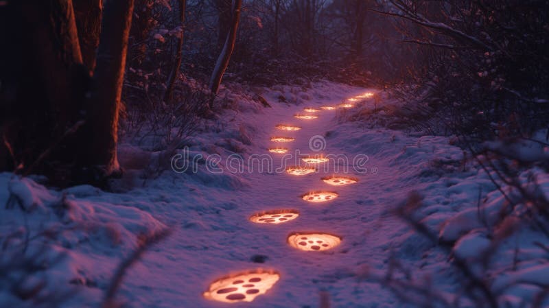 Illuminated Footprints Leading through a Snowy Forest Path Stock ...