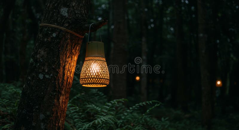 Illuminated Forest Path: Bamboo Lantern Glowing at Night Stock ...