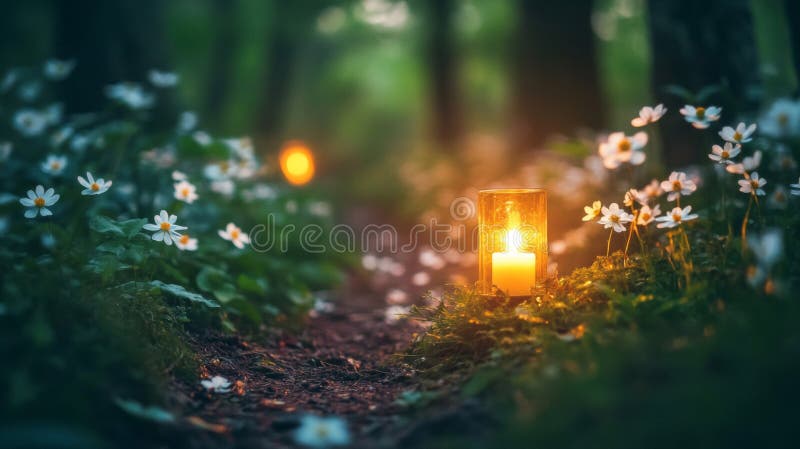Illuminated Forest Path with Candlelight and Flowers Stock Illustration ...