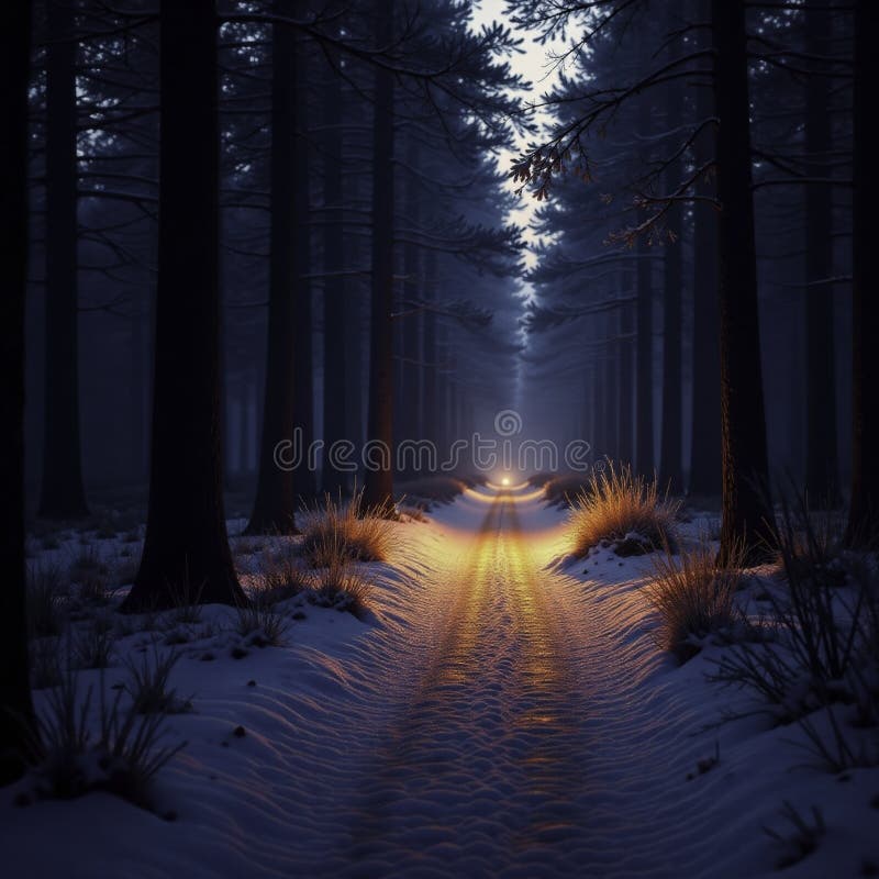 Illuminated Forest Path in the Dark of Winter, Forest Path, Frosty Air ...