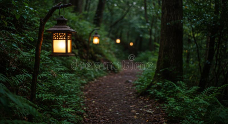 Illuminated Forest Path with Hanging Lanterns Stock Photo - Image of ...