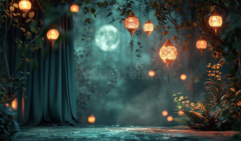 Illuminated Forest Path with Lanterns and Full Moon at Night Stock ...