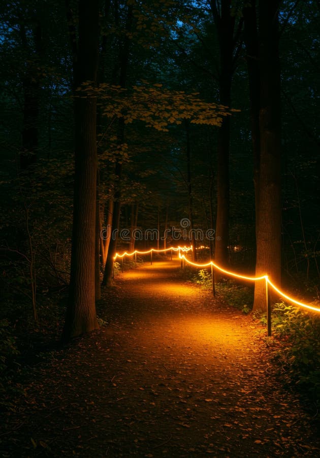 Illuminated Forest Path at Night Stock Illustration - Illustration of ...