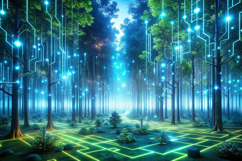 Illuminated Forest Pathway with Glowing Circuits Stock Illustration ...