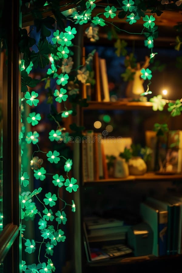 Illuminated Four-leaf Clover String Lights on a Bookcase Create a ...