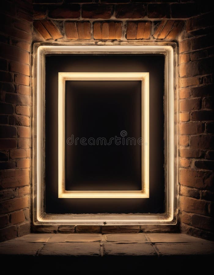 Illuminated Frame on Brick Wall with Dark Background Stock Photo ...