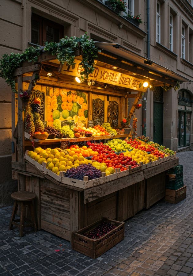 Illuminated Fruit and Vegetable Stand at Night in City Stock ...