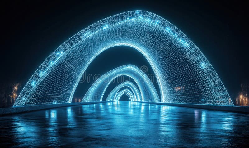 Illuminated Futuristic Bridge with Glowing Arches Over Reflective Water ...