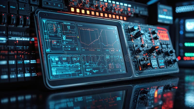 Illuminated Futuristic Control Panel with Glowing Screens and Detailed ...