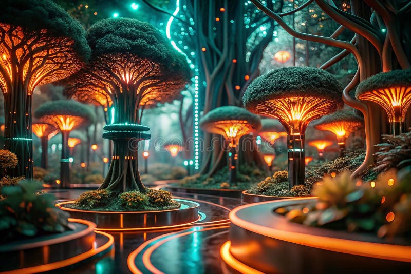 Illuminated Futuristic Forest Pathway Stock Illustration - Illustration ...