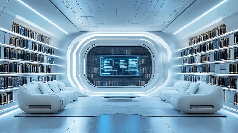 Illuminated Futuristic Library with Advanced Technology and Serene ...