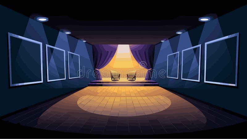 Illuminated Gallery Stage with Empty Frames and Chairs Stock Vector ...