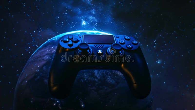 Illuminated Game Controller Against Cosmic Background Stock Video ...