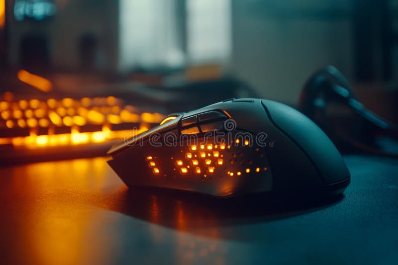Illuminated Gaming Setup Close Up of Backlit Computer Mouse, Headset ...
